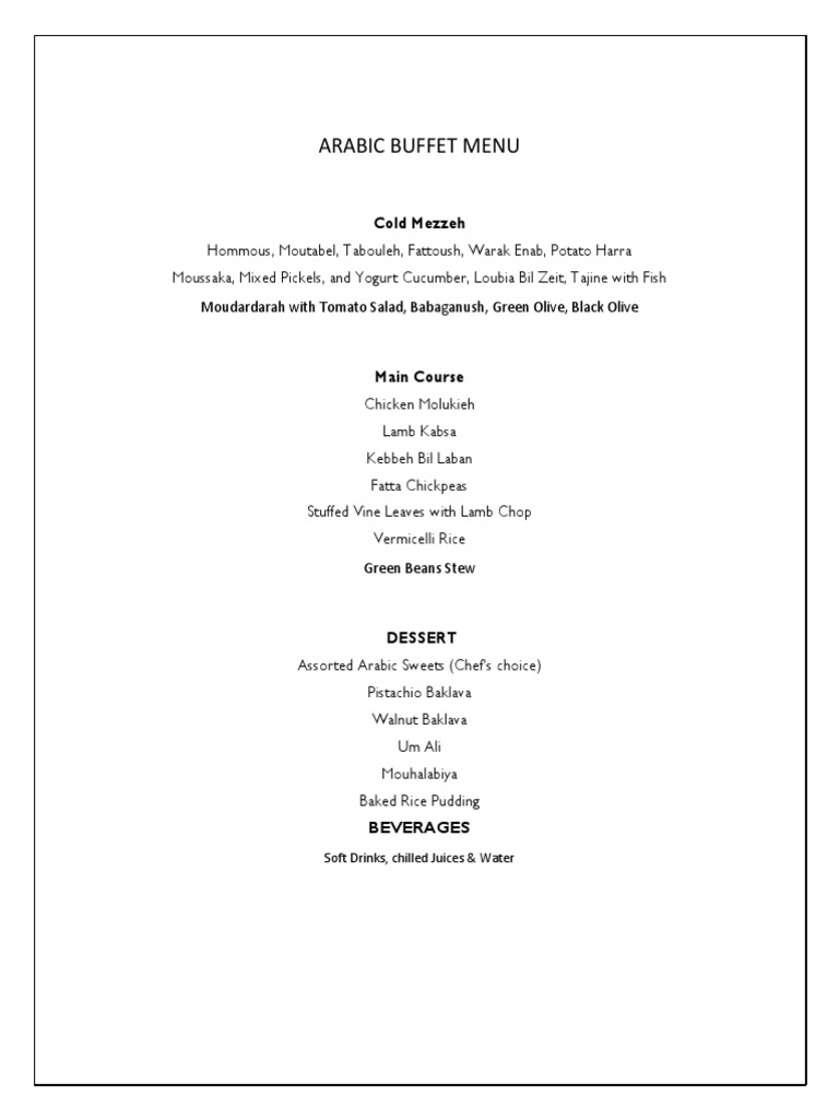 Arabic Buffet Menu: Cold Mezzeh | PDF