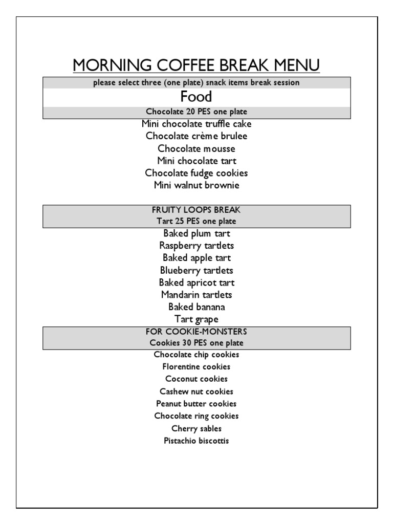 Morning Coffee Break Menu Options | PDF | Milkshake | Desserts