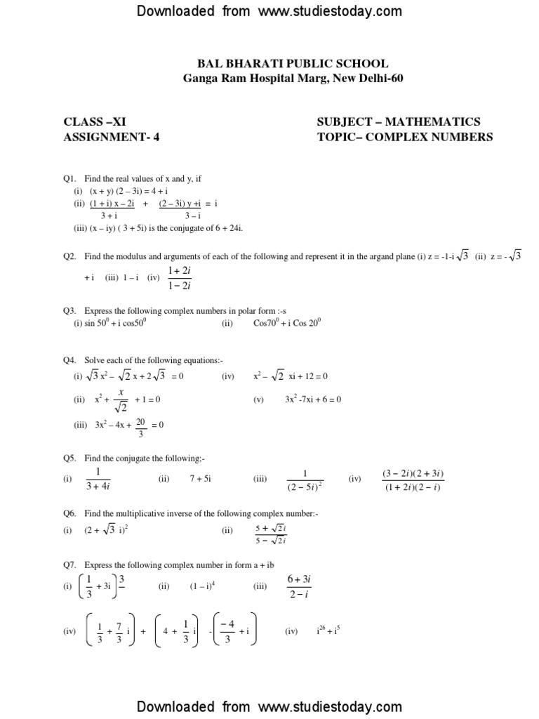 CBSE Class 11 Mathematics Worksheet | PDF | Complex Number | Abstract ...