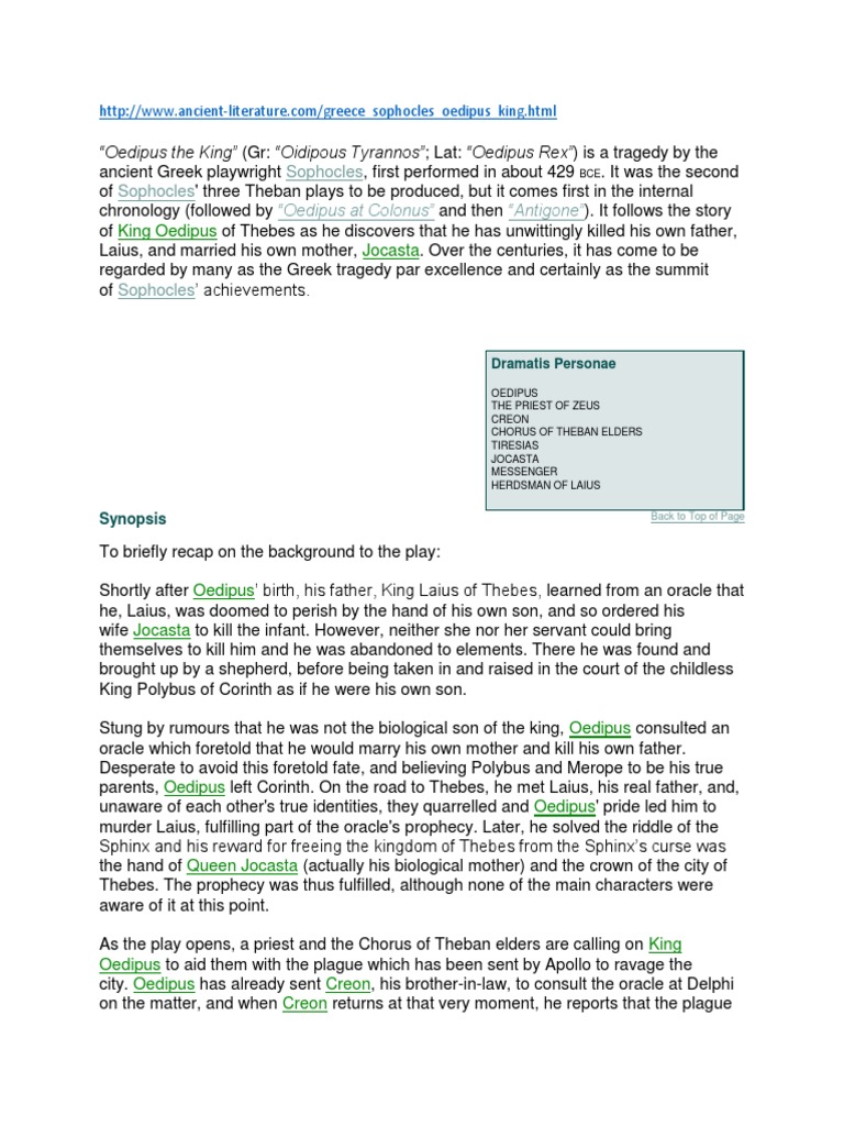 Sophocles Sophocles: "Oedipus The King" (GR: "Oidipous Tyrannos" Lat ...
