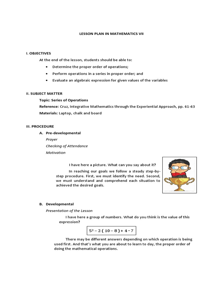 PEMDAS Order of Operations Lesson Plan | PDF | Lesson Plan | Cognition