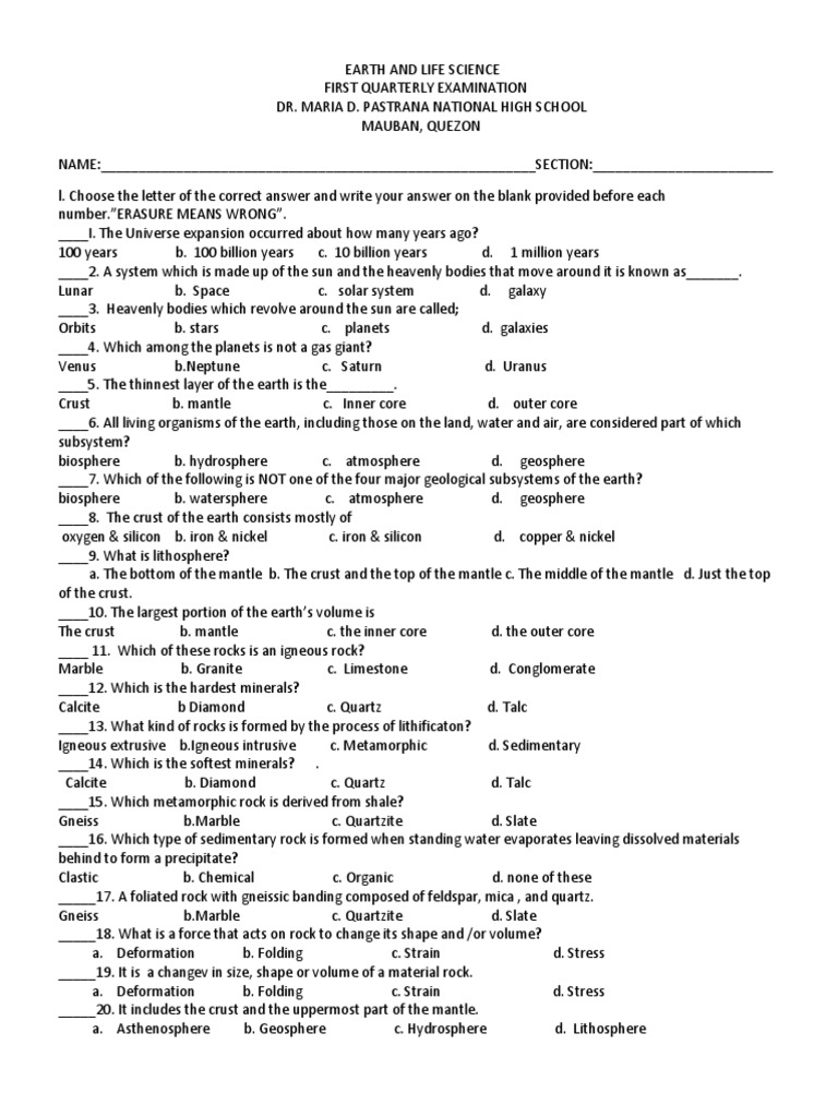 Earth and Life Science Ist Quarterly Exam. | Igneous Rock | Rock (Geology)