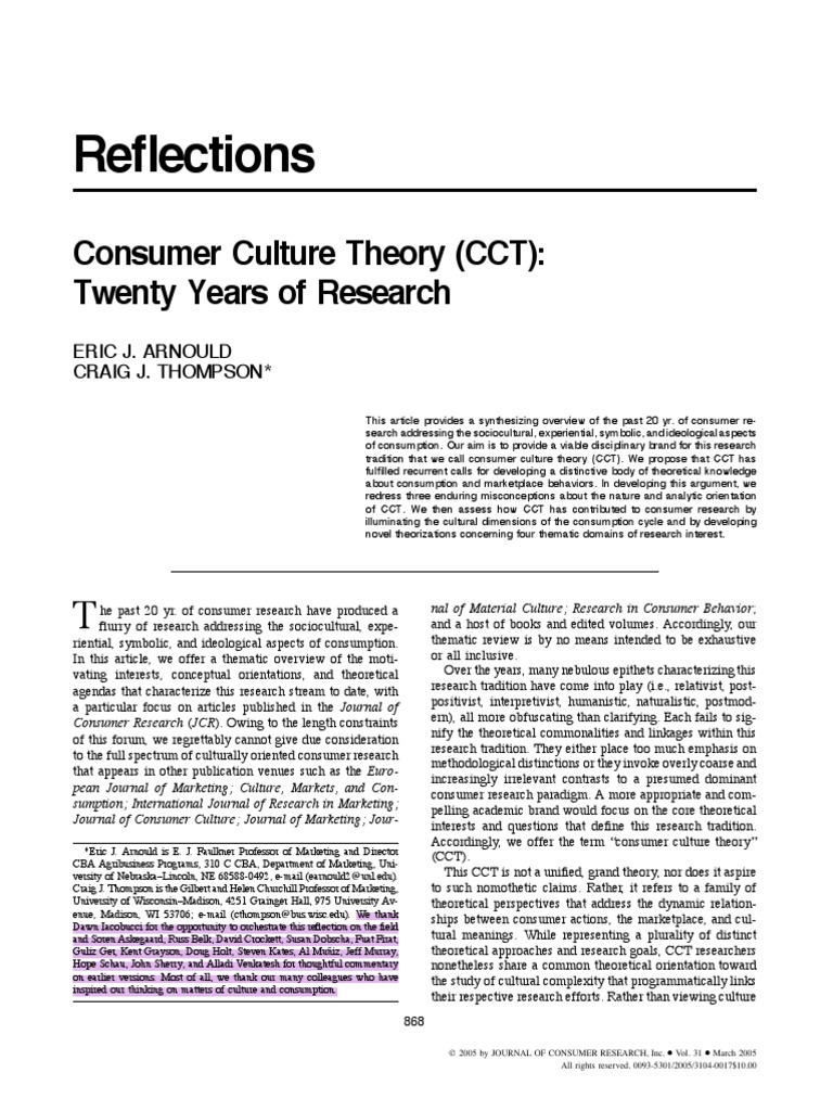 Consumer Culture Theory (CCT) - Twenty Years of Research | PDF | Consumerism | Identity (Social ...