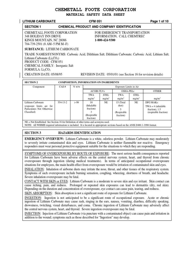 Chemetall Foote Corporation: Material Safety Data Sheet | PDF | Superfund | Dangerous Goods