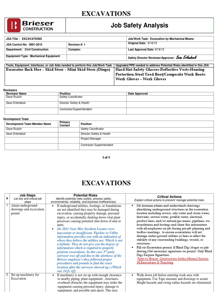 Excavations JSA Final 2015 | PDF | Personal Protective Equipment | Safety