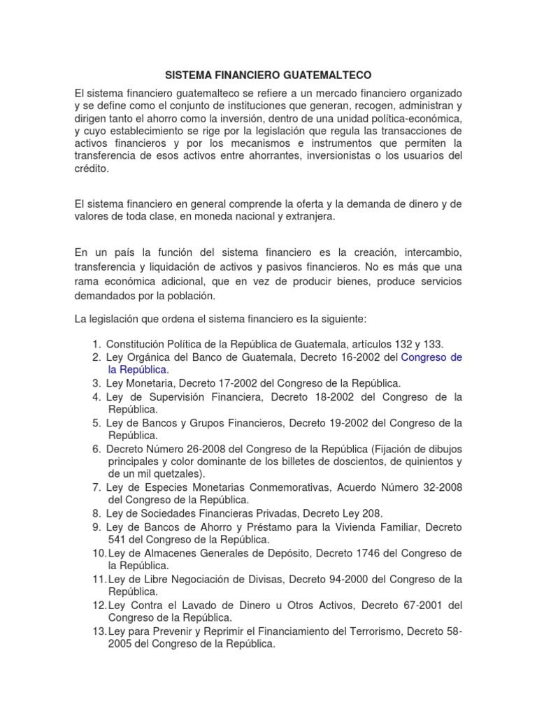 Sistema Financiero Guatemalteco | PDF | Arrendamiento | Bancos