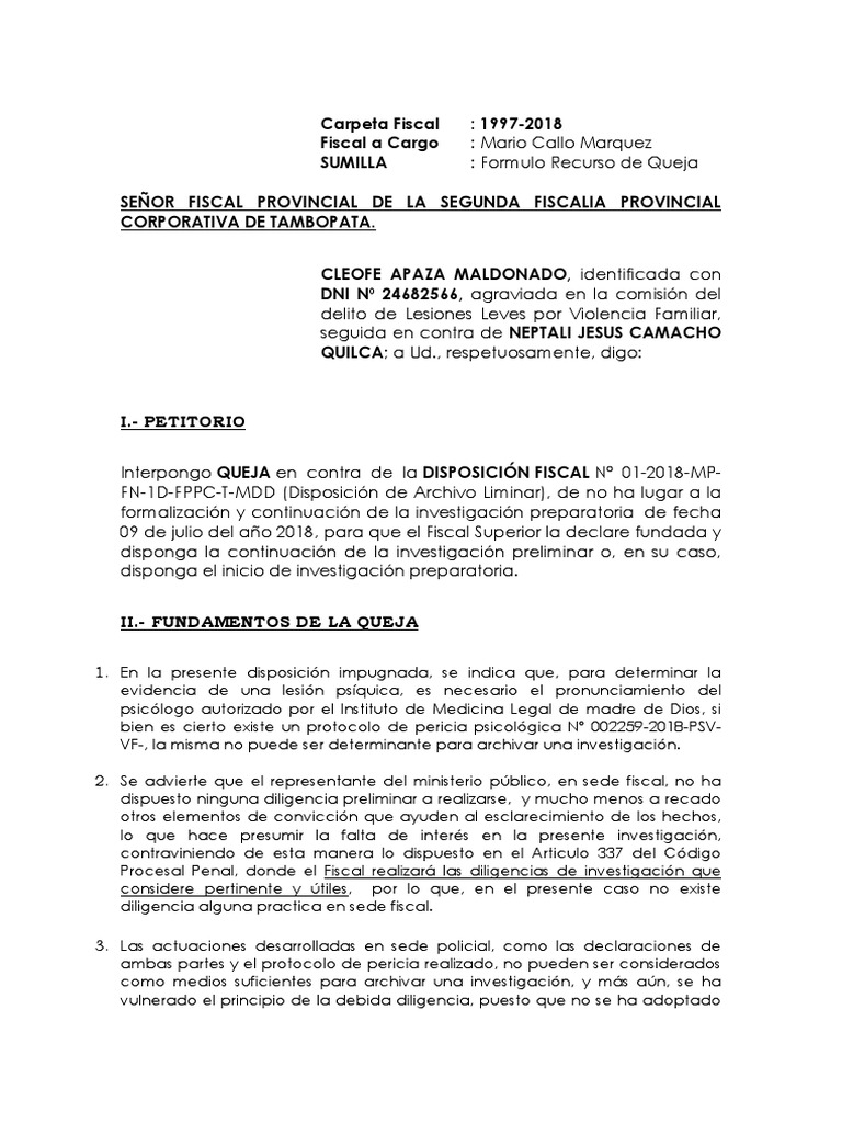 Queja - Ministerio Publico | PDF | Fiscal | Instituciones sociales