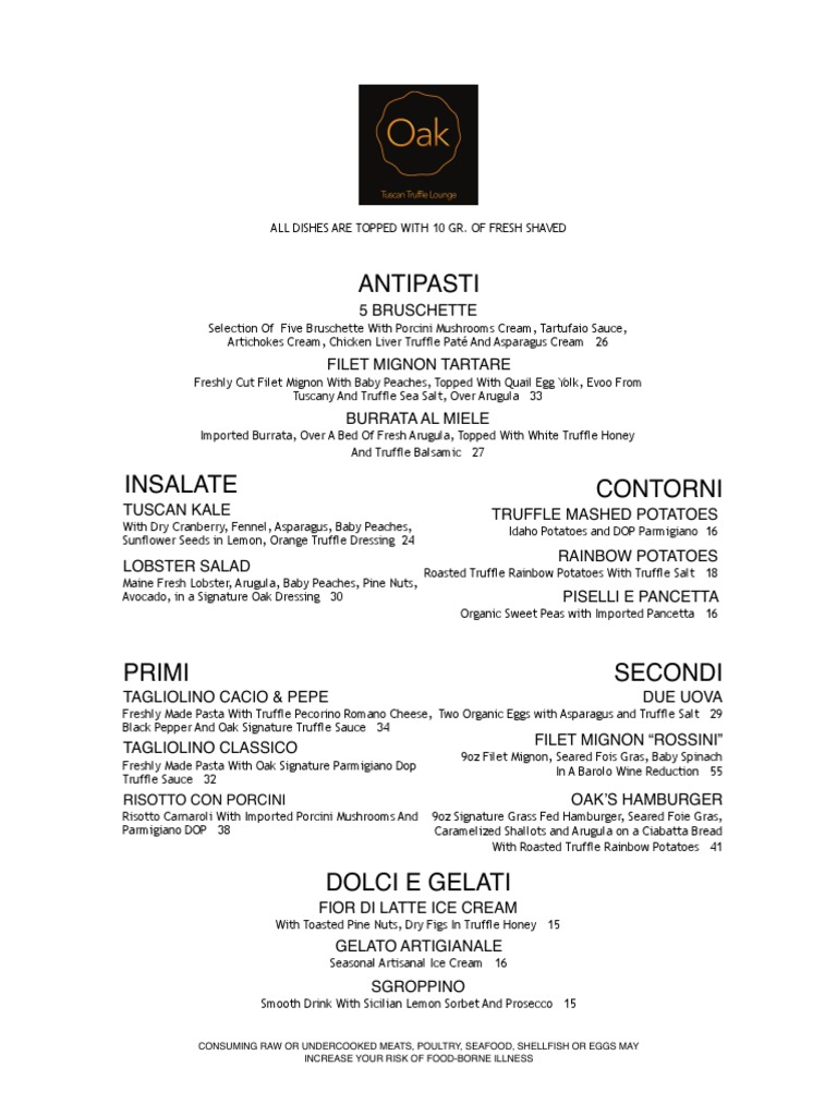 Oak Dinner Menu | Salad | Western Cuisine