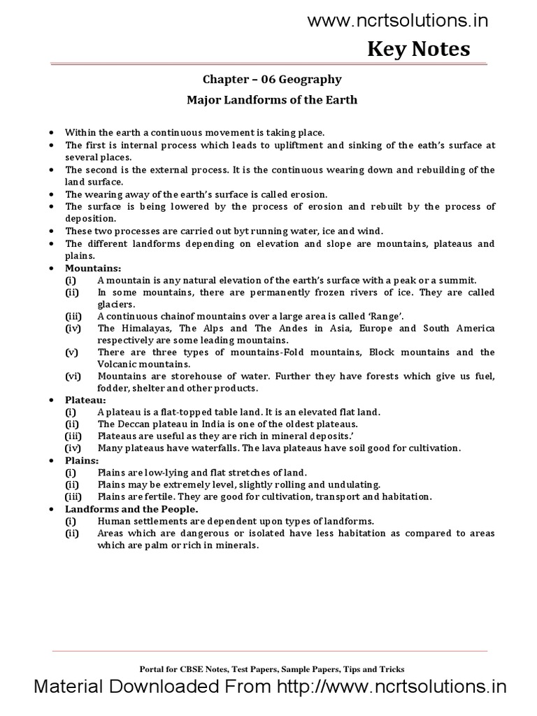 06 Social Science Geo Key Notes Ch06 Major Landforms of Earth | PDF ...