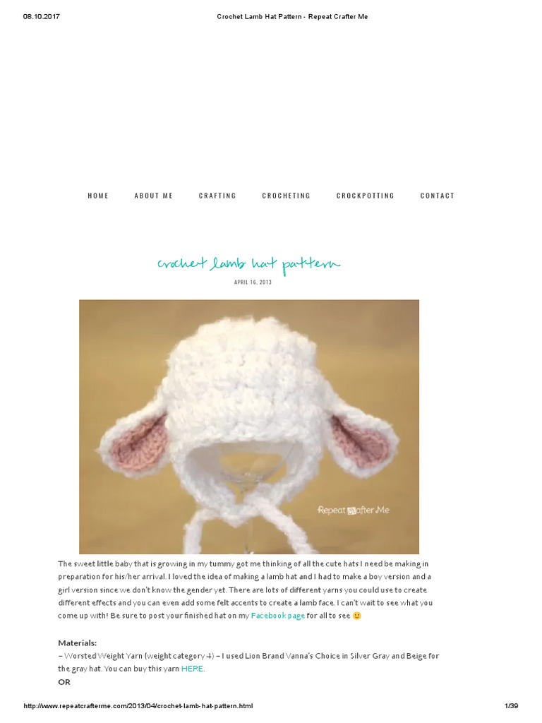 Crochet Lamb Hat Pattern - Repeat Crafter Me | PDF | Crochet | Textile Arts