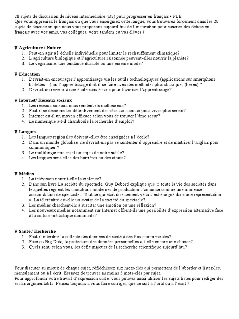 20 Sujets de Discussion de Niveau Intermédiaire | PDF | Média ...