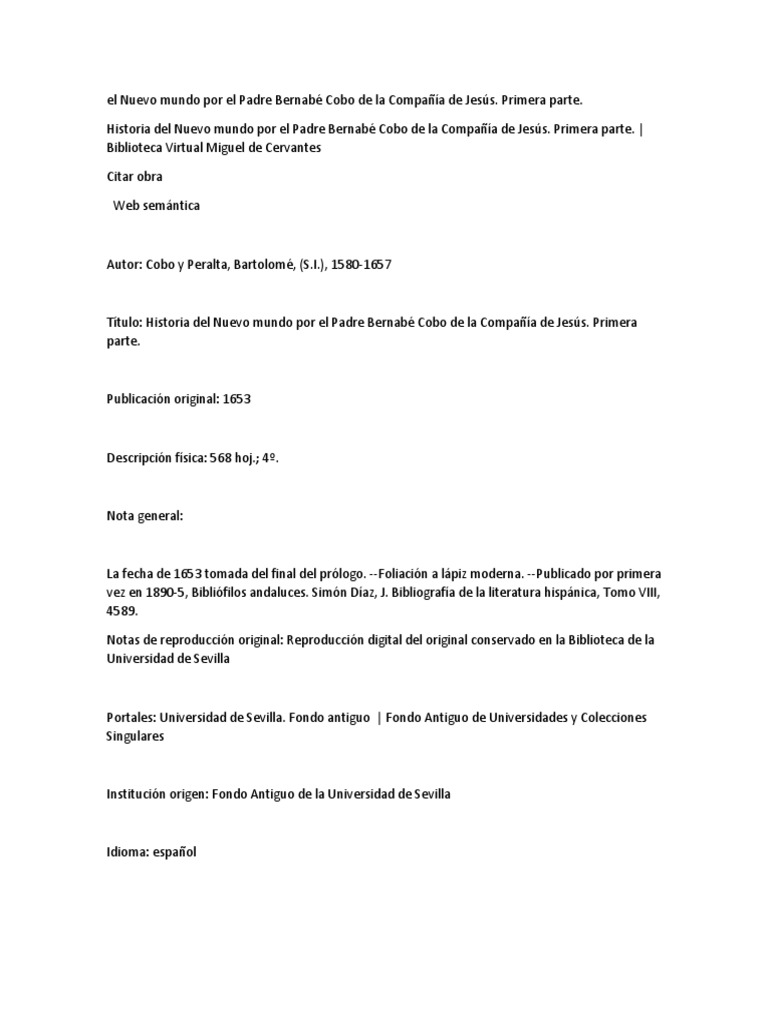 El Nuevo Mundo Por El Padre Bernabé Cobo de La Compañía de Jesús | PDF