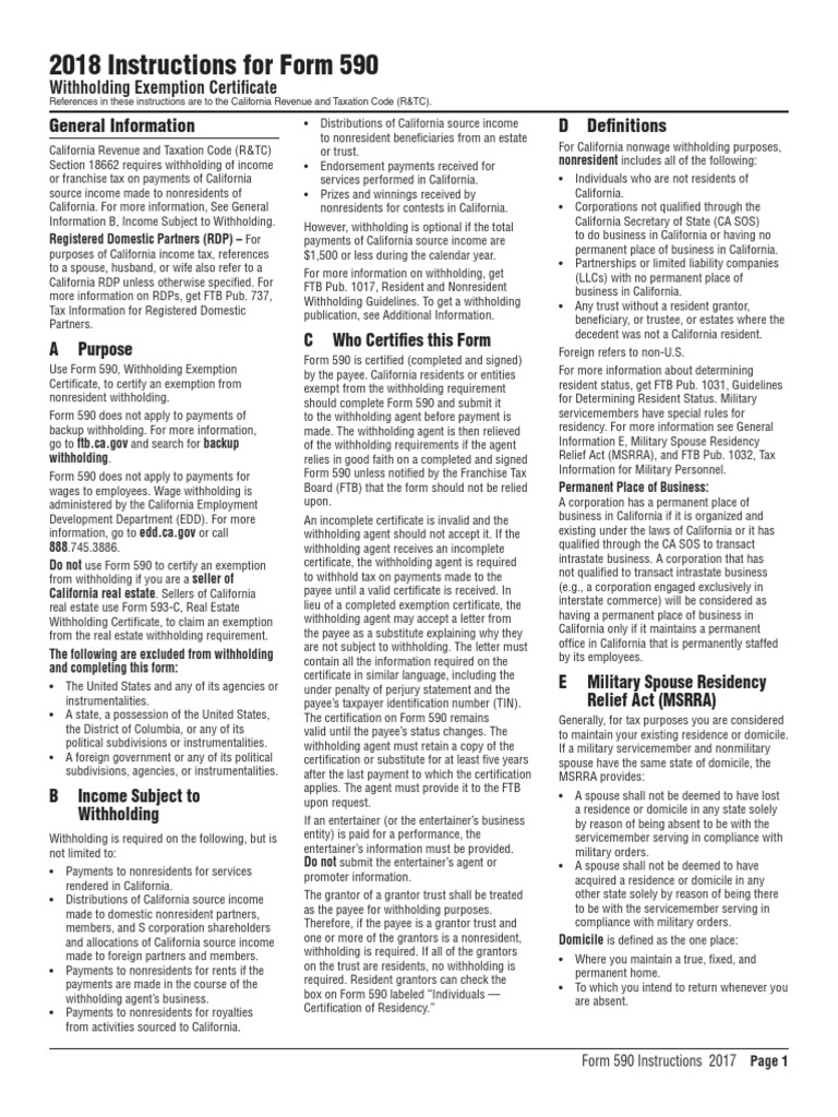 2018 Instructions For Form 590: General Information D Definitions | PDF ...