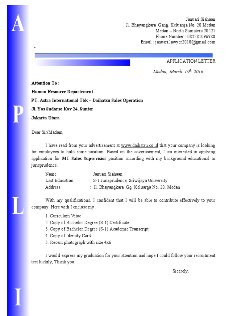 APPLICATION LETTER ASTRA INTERNATIONAL TBK PDF | PDF