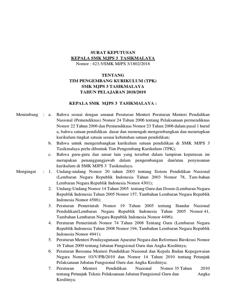 Surat Keputusan TPK KTSP 2018-2019 | PDF
