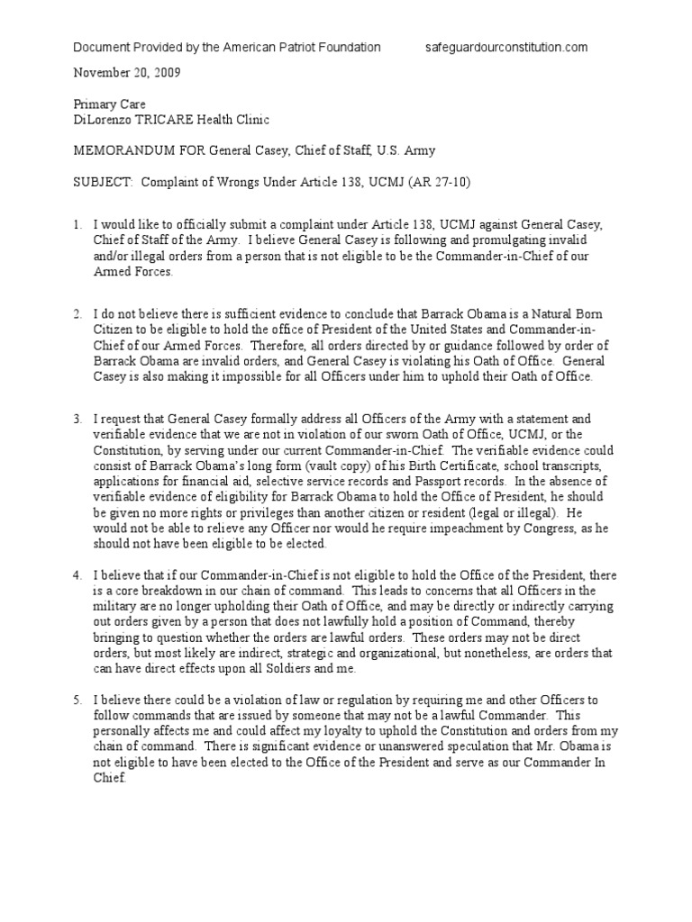 Lakin Article 138 Letter To Casey 20 November 2009 | PDF | Commander In ...