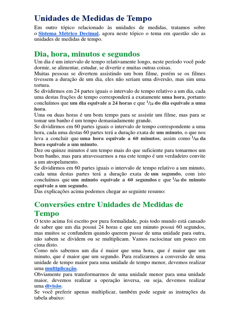 Unidades de Medidas de Tempo: Conversões entre Segundos, Minutos, Horas ...