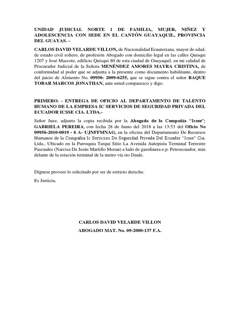 Escrito de Entrega de Oficio Al Juzgado Escrito de Entrega de Oficio Al Juzgado