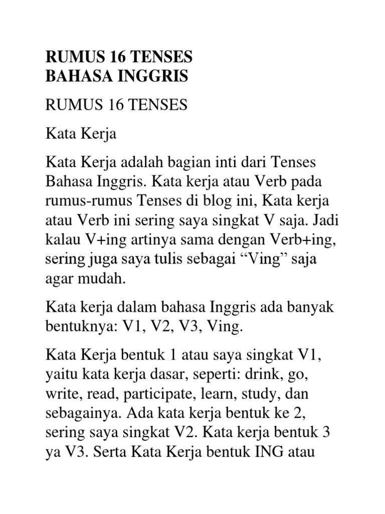 Rumus 16 Tenses Bahasa | PDF | Bahasa Indonesia | Tata Bahasa