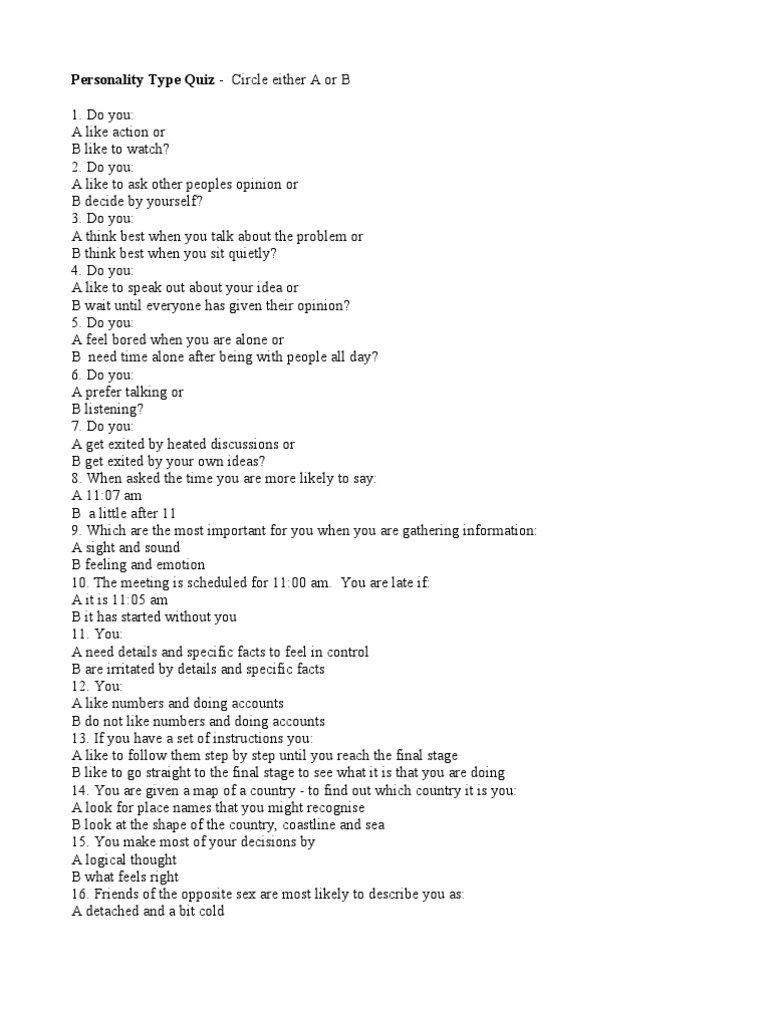 Personality Type Quiz | PDF | Extraversion And Introversion ...