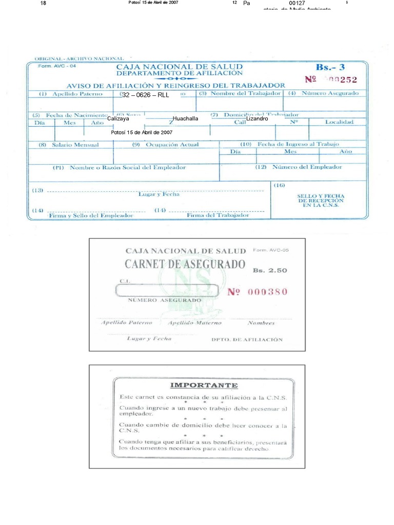 Formulario Avc - 04 y Carnet de Asugurado | PDF