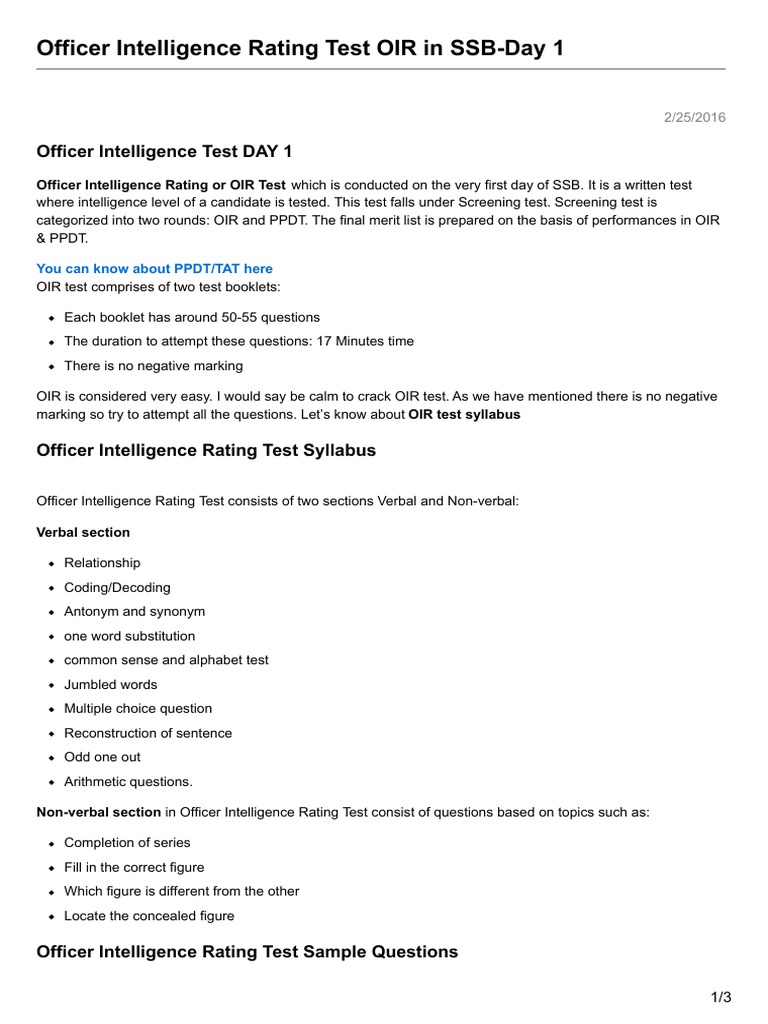 Officer Intelligence Rating Test OIR in SSB-Day 1 | PDF | Tests ...