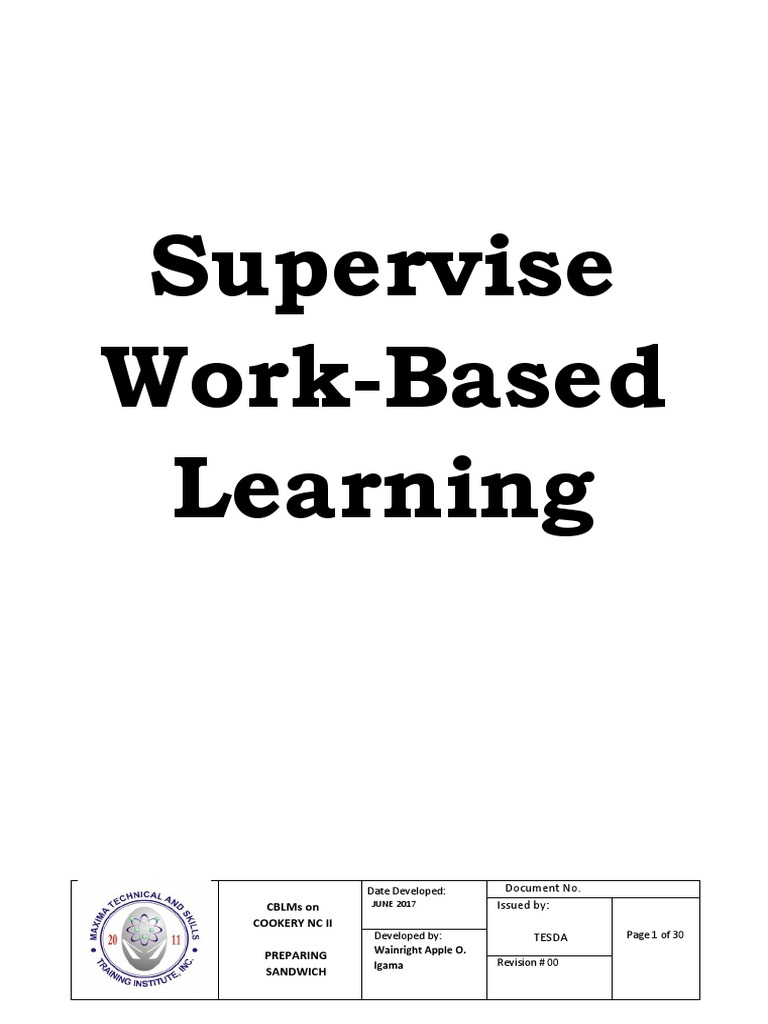 Supervise Work-Based Learning: Cblms On Cookery NC Ii Preparing ...