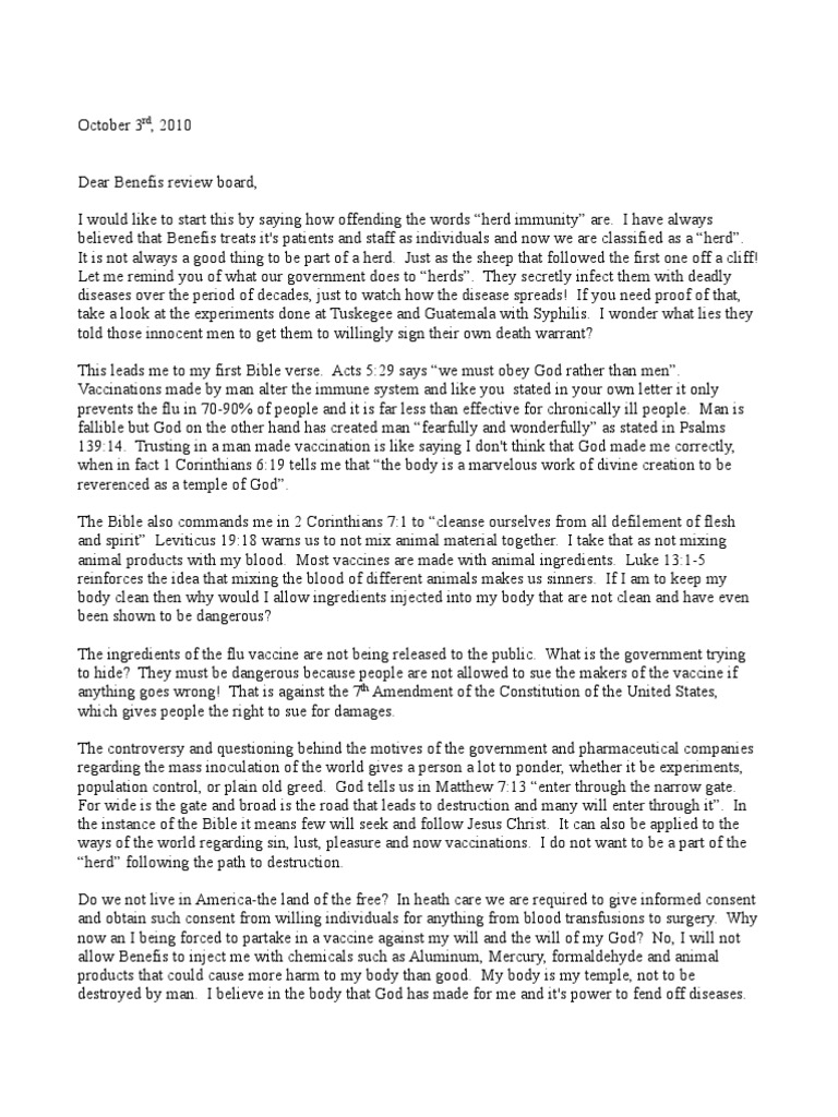 Religious Exemption Letter | PDF | Sin | Vaccines