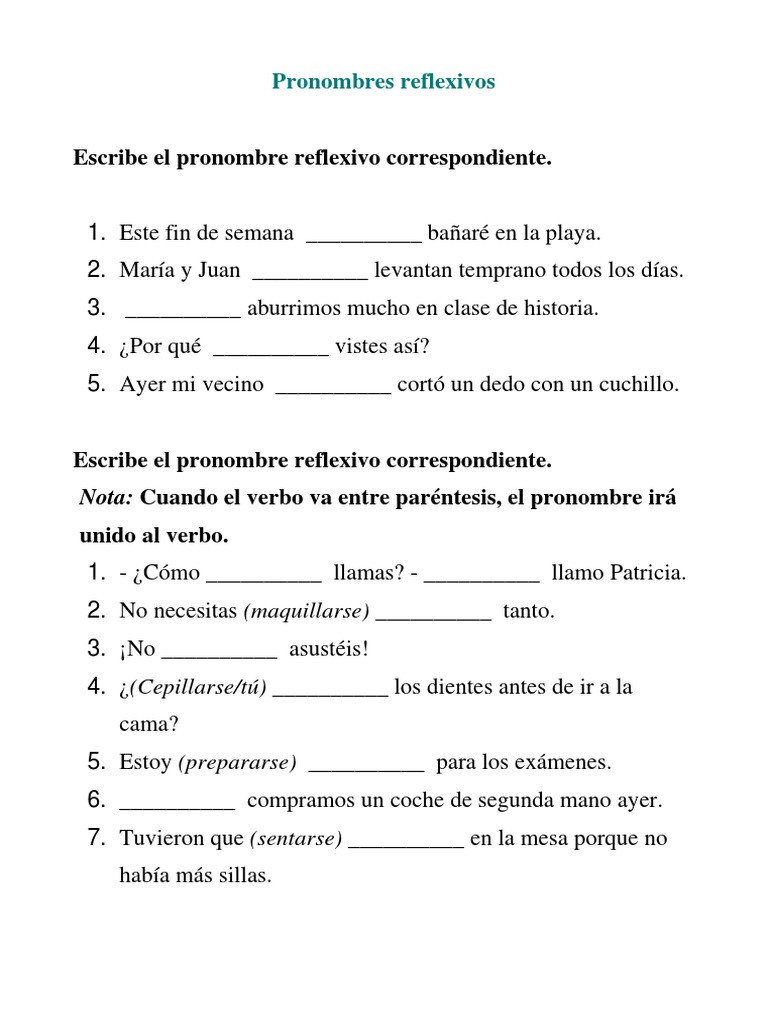 Hoja De Trabajo Sobre Pronombres Reflexivos