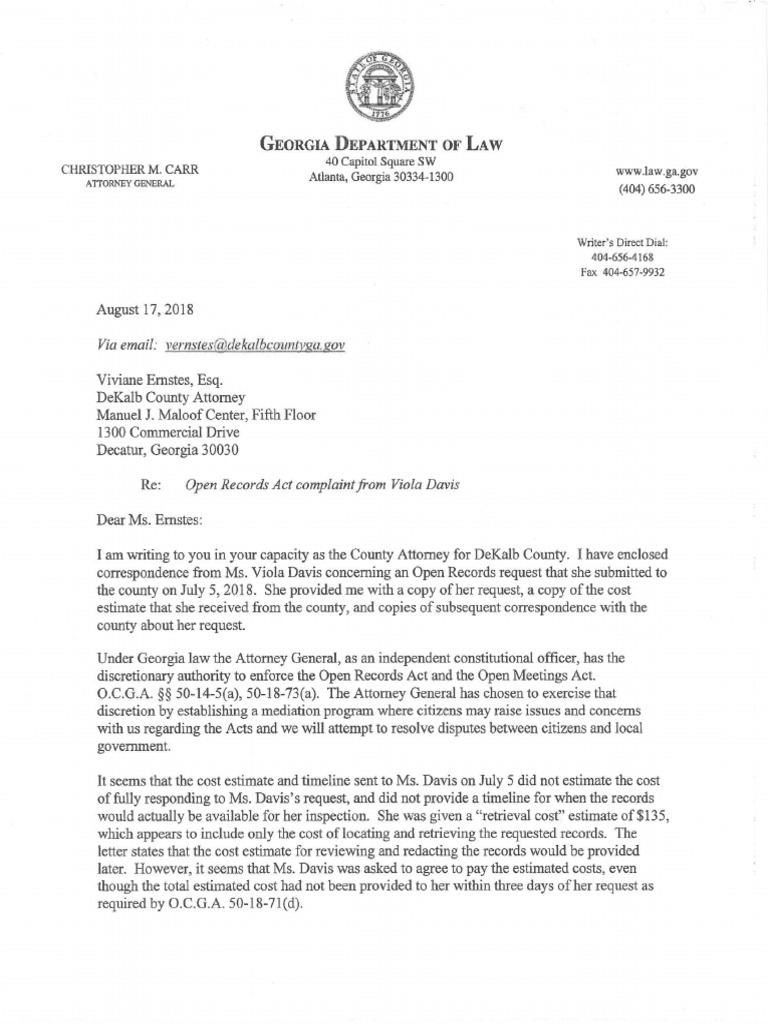 Attorney General Letter Response To Open Records Act Complaint From ...