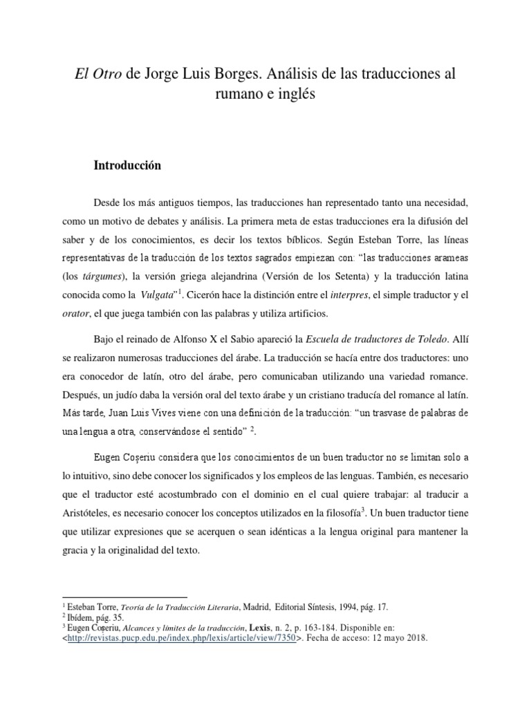 El Otro de Jorge Luis Borges. Análisis de Las Traducciones Al Rumano e ...
