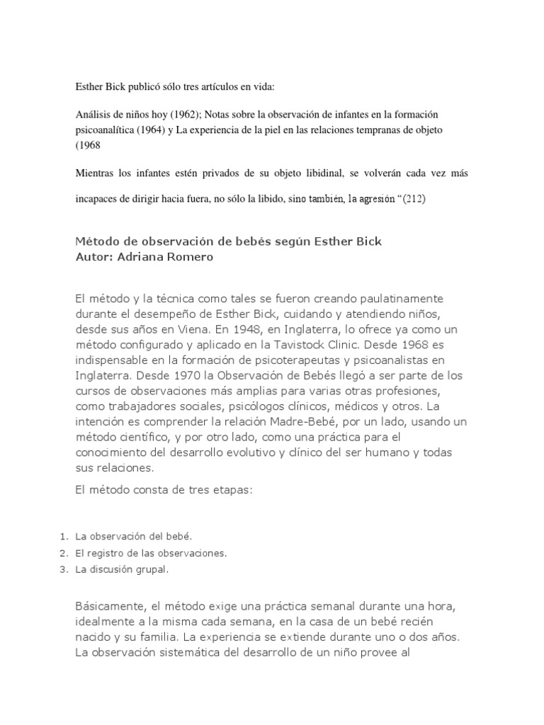 Método de Observación de Bebés Según Esther Bick | PDF | Psicoanálisis ...