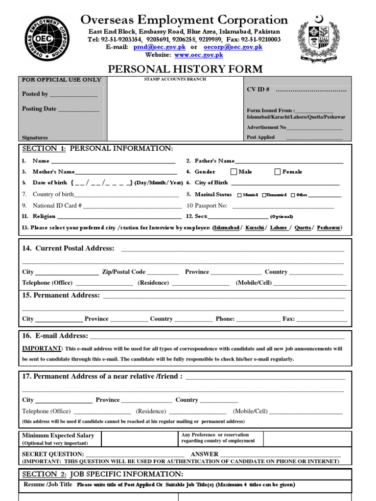 Personal History Form Oec | PDF | Résumé | Academic Degree
