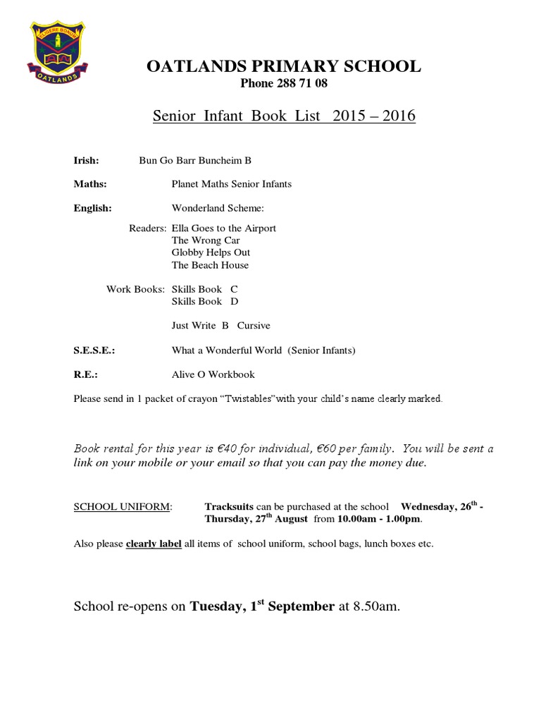 Senior Infants Book List 2015-2016-2 | PDF