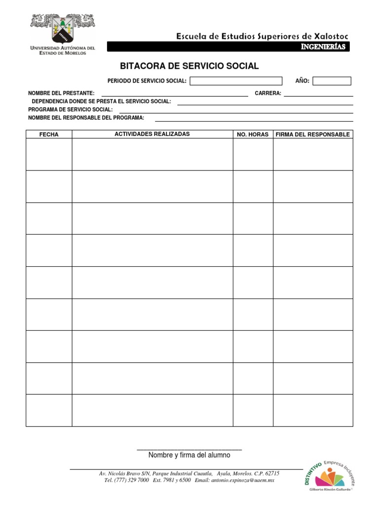 Bitácora De Servicio Social Ejemplo Pdf