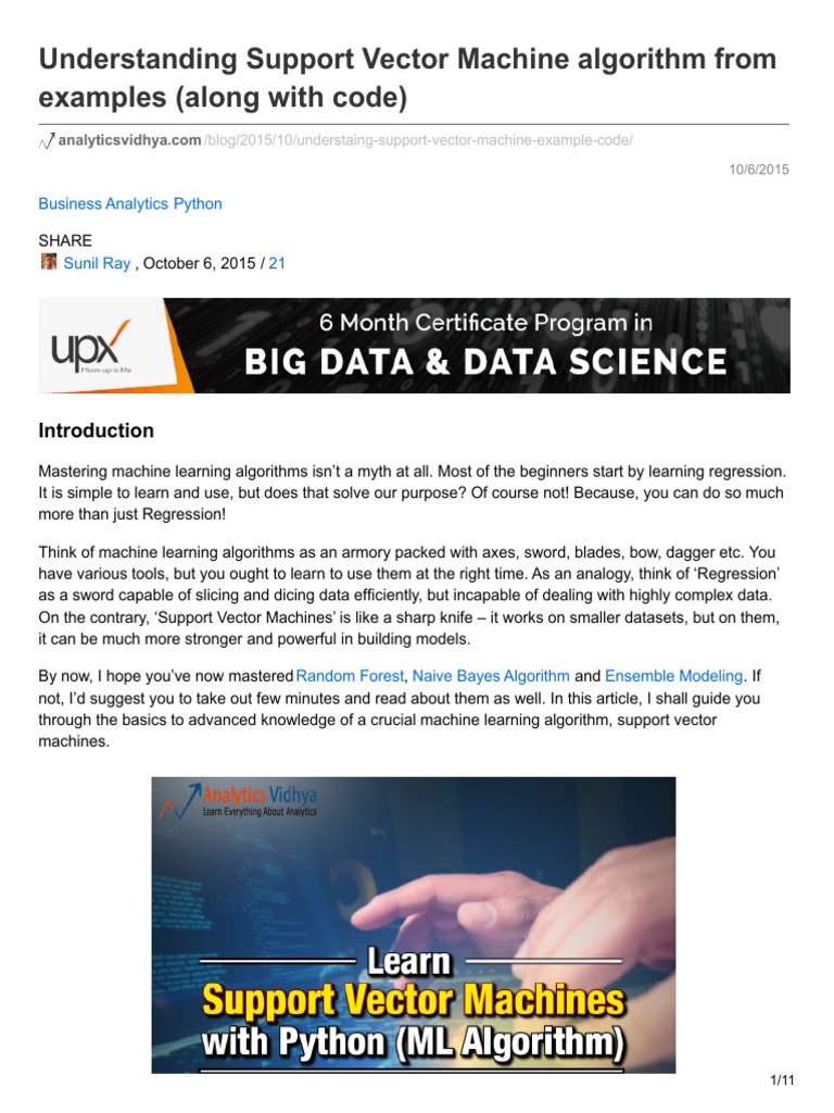 Understanding Support Vector Machine Algorithm From Examples Along With Code | PDF | Support ...