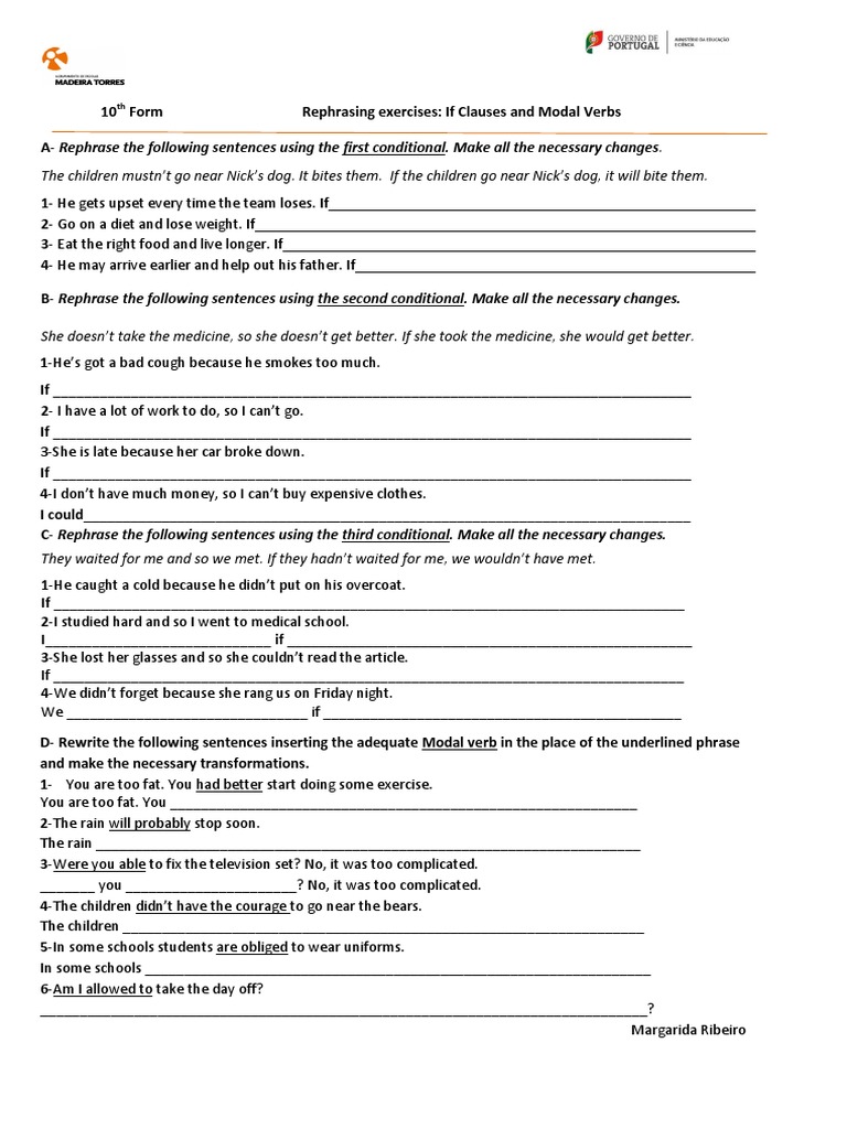 Rephrasing Conditionals and Modals Exercises | PDF | Syntax | Syntactic ...