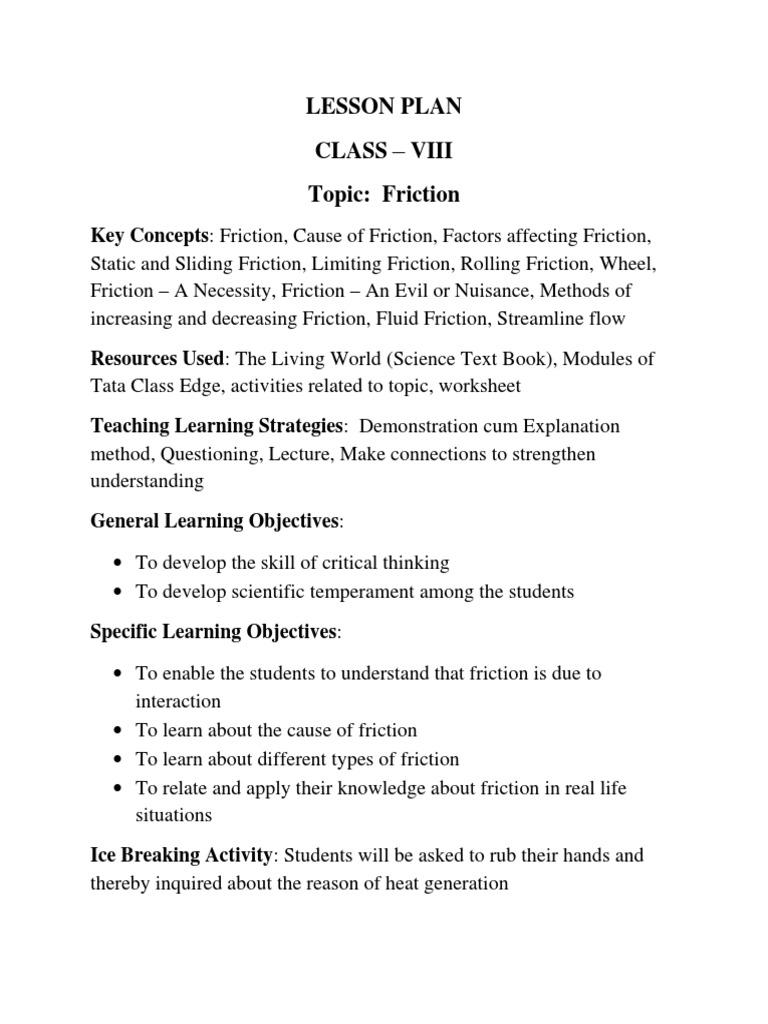 Lesson Plan Viii Chapter 5 | PDF | Friction | Learning