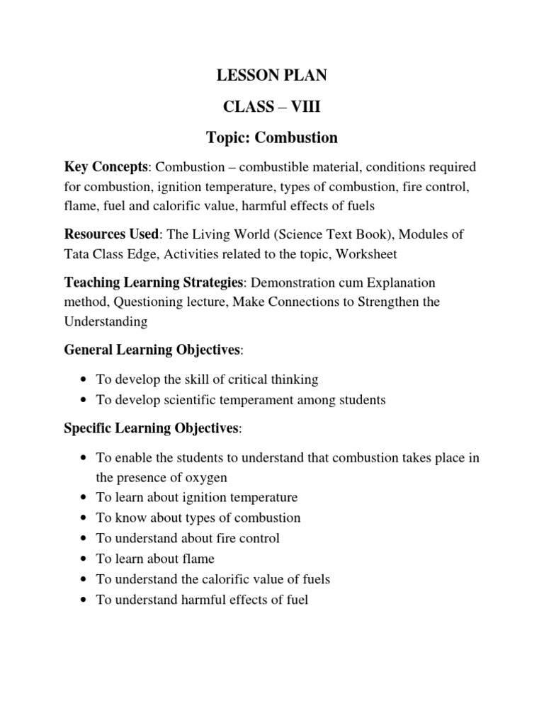 Class 8 Lesson Plan: Combustion | PDF | Combustion | Fuels