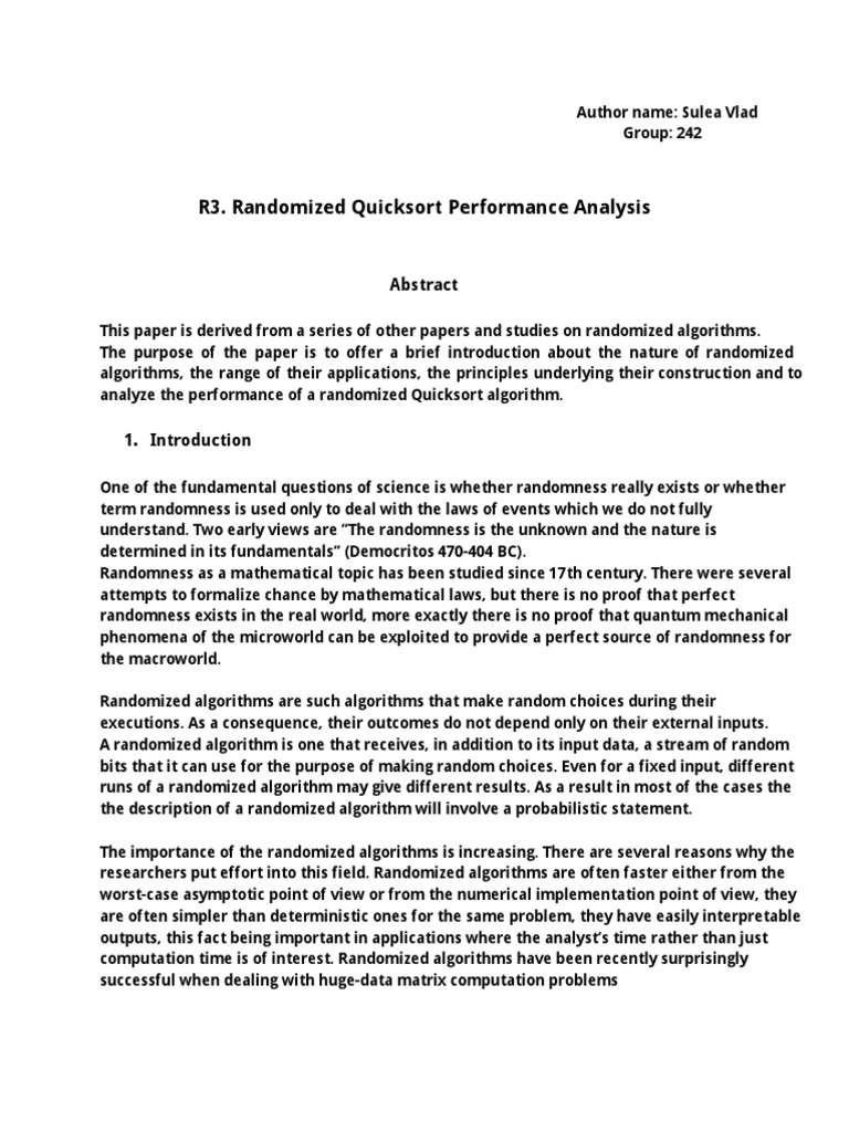 Randomized Quicksort Performance Analysis | PDF | Randomness | Algorithms