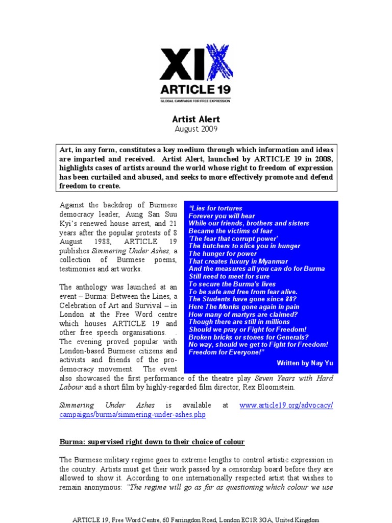 Artist Alert August 2009 | PDF | Myanmar | Freedom Of Speech