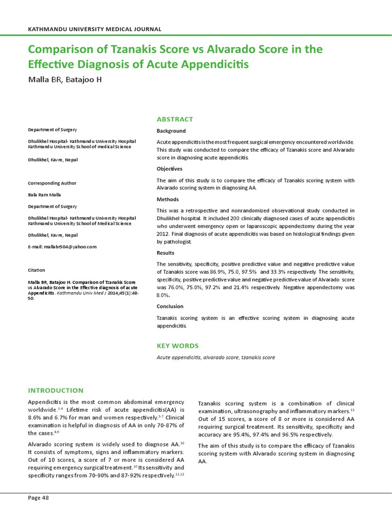 Comparison of Tzanakis Score Vs Alvarado Score in The Effective ...