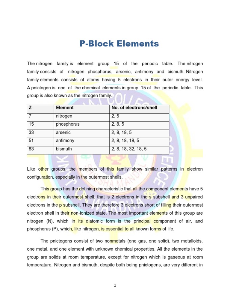 6 P Block Elements PDF | PDF | Nitrogen | Chemical Elements