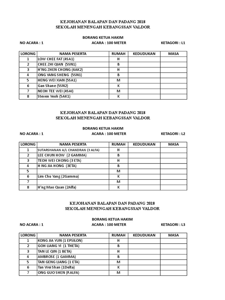 Borang Acara Balapan Dan Padang 2018 | PDF