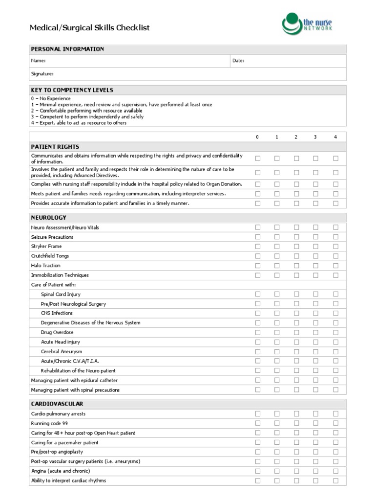 Medical-Surgical Skills Checklist | PDF | Surgery | Physical Therapy