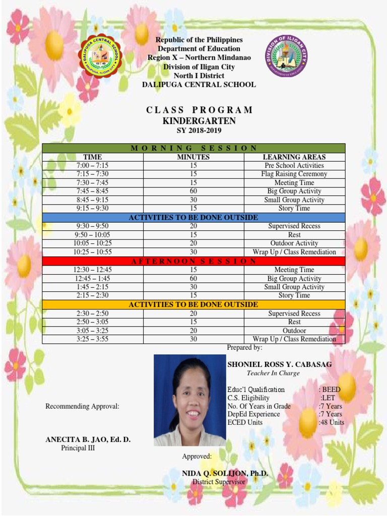 Class Program Kindergarten: Time Minutes Learning Areas | PDF ...