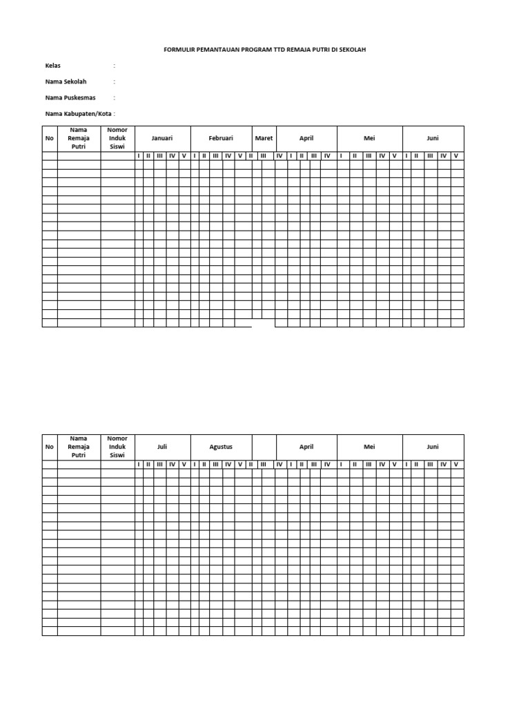 Formulir Pemantauan Program TTD Remaja Putri Di Sekolah | PDF