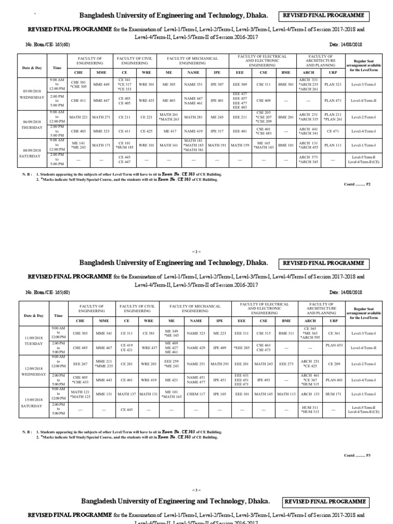 BUET Exam Schedule 2017-2018 | PDF