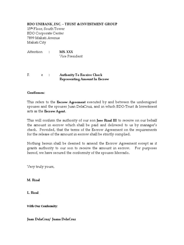 Authority for Escrow Check Receipt | PDF