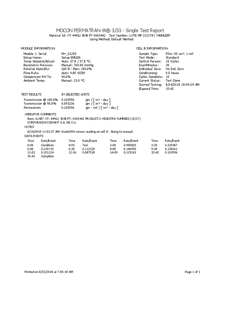MOCON PERMATRAN-W® 3/33 - Single Test Report | PDF | Nature